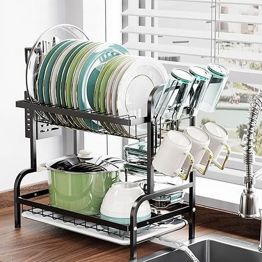 Dish Drying Rack - 2 Tier Dish Rack with Drain Spout, Rust Resistant ...