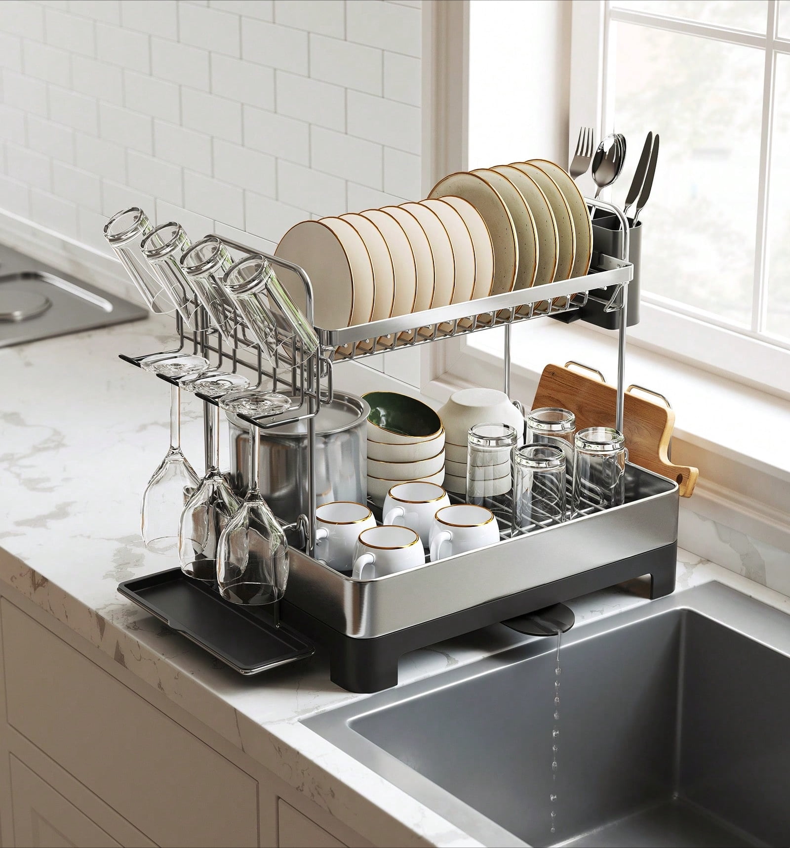 Dish Drying Rack - 2 Tier Dish Rack For Kitchen Counter With Rotatable ...