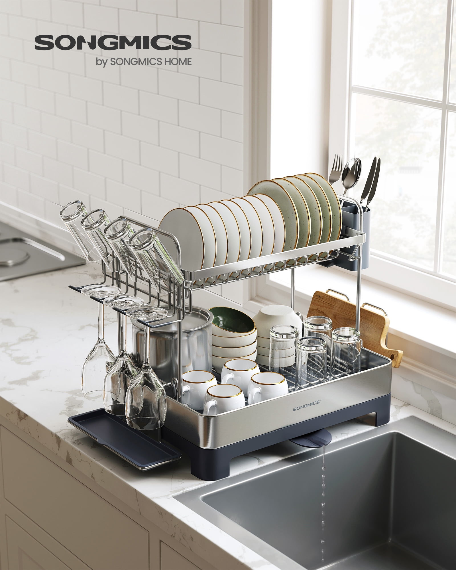 SONGMICS Dish Drying Rack - 2 Tier Dish Rack for Kitchen Counter with ...