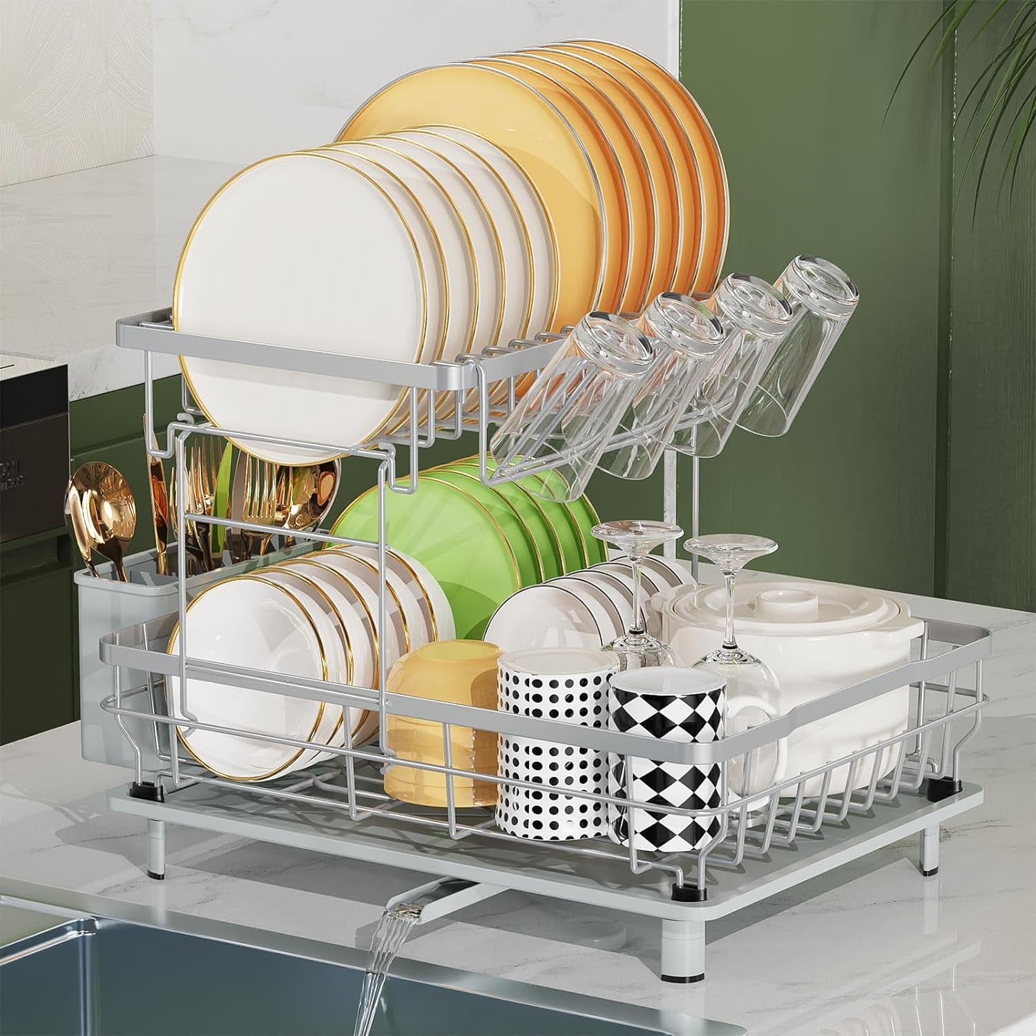 Dish Drying Rack 2 Tier, Dish Rack with Drainboard, Durable Stainless ...