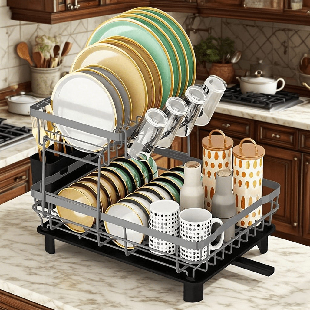 Dish Drying Rack, 2-Tier Kitchen Counter Dish Rack, Stainless Steel ...