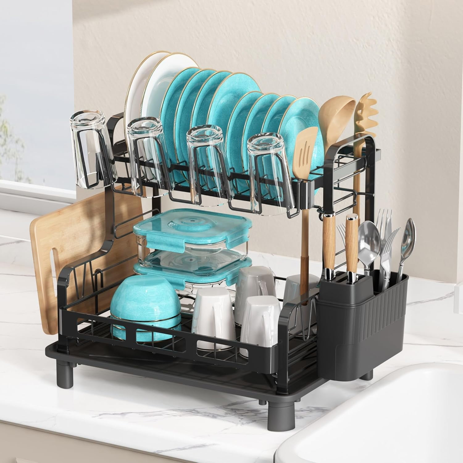 Dish Drying Rack, 2 Tier Large Stainless Steel Sink Dish Rack for ...