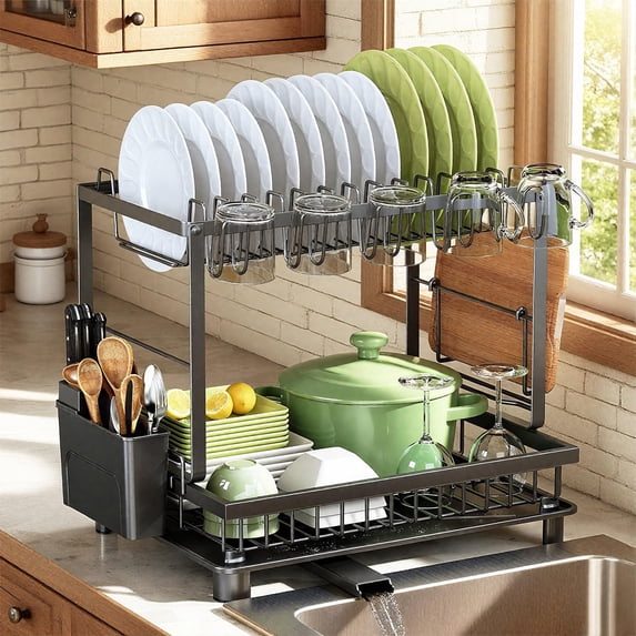 Dish Drying Rack, 2 Tier Space-Saving Dish Rack, Multifunctional Dish ...