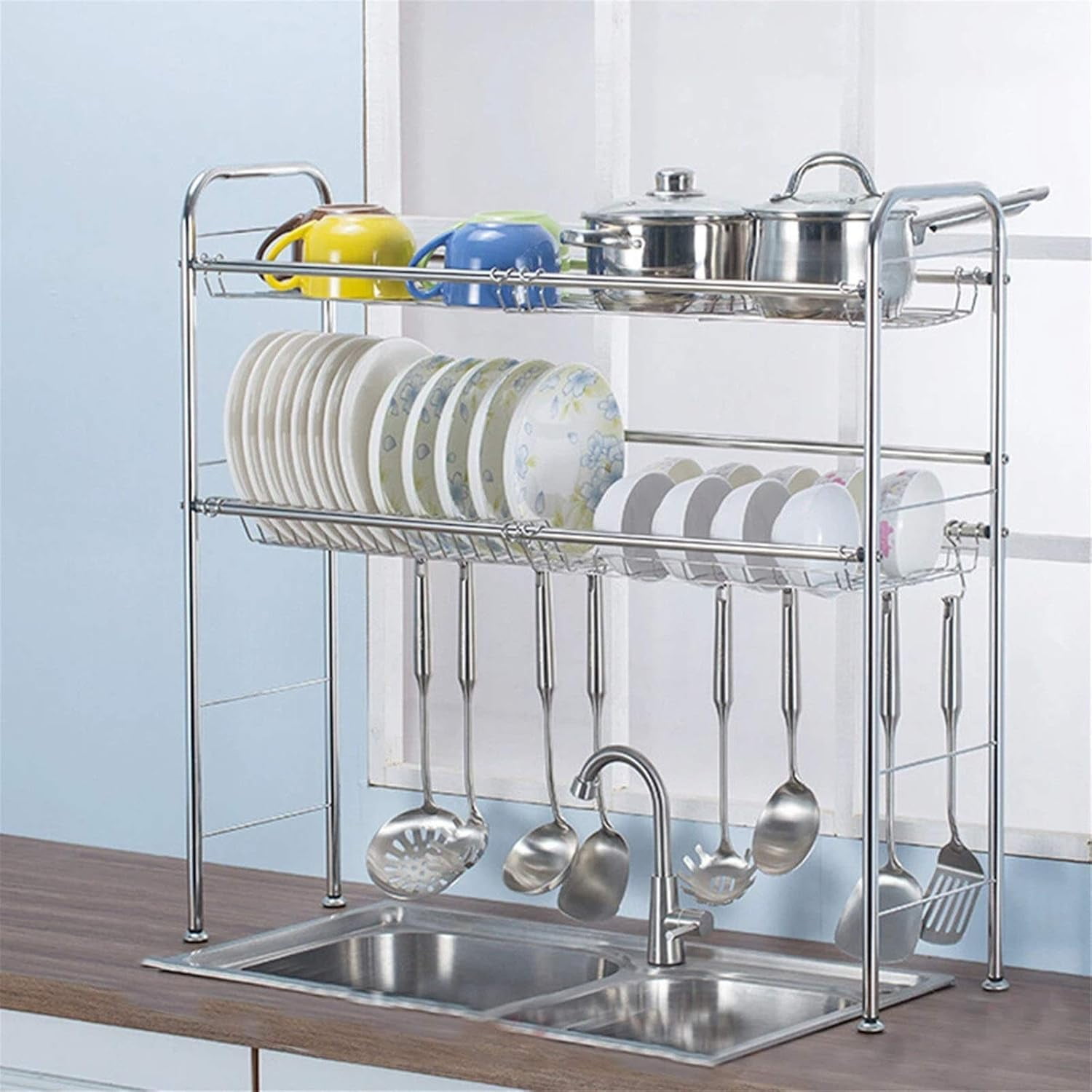 Dish Drying Rack 2 Tiers Stainless Steel Dishes Rack Dual Sink Drain ...