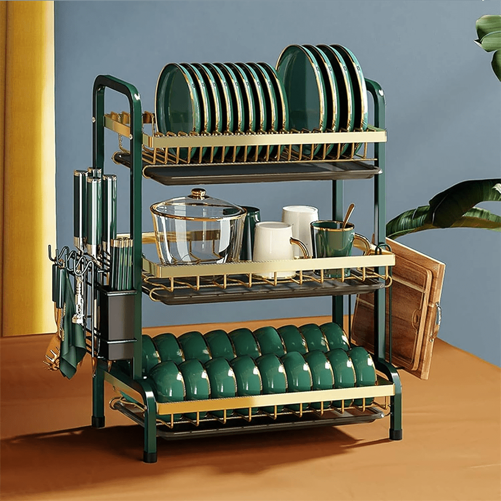 Dish Drying Rack, 3 Tier Dish Rack Large Capacity Carbon Steel Dish Rack for Kitchen Counter ...
