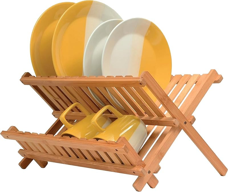 Dish Drying Rack - Collapsible 2-Tier Bamboo Dish Rack for Kitchen ...