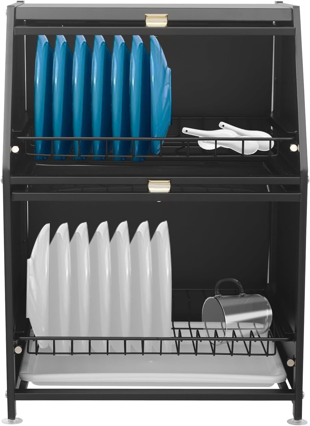 Dish Drying Rack with Cover, Pull-Out Drip Tray, Double Drain Shelf for ...