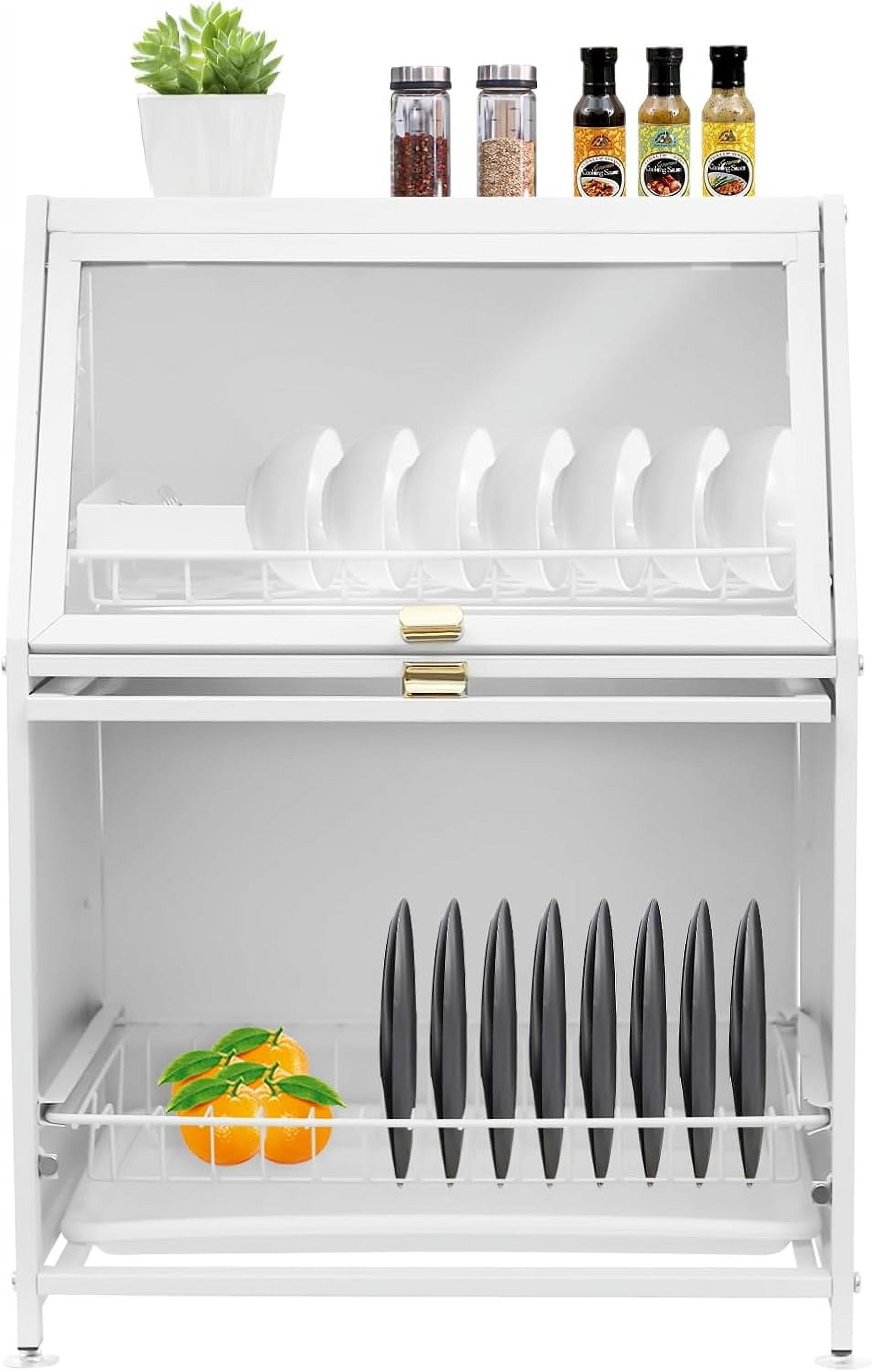 Dish Drying Rack with Cover, Pull-Out Drip Tray, Double Drain Shelf for ...