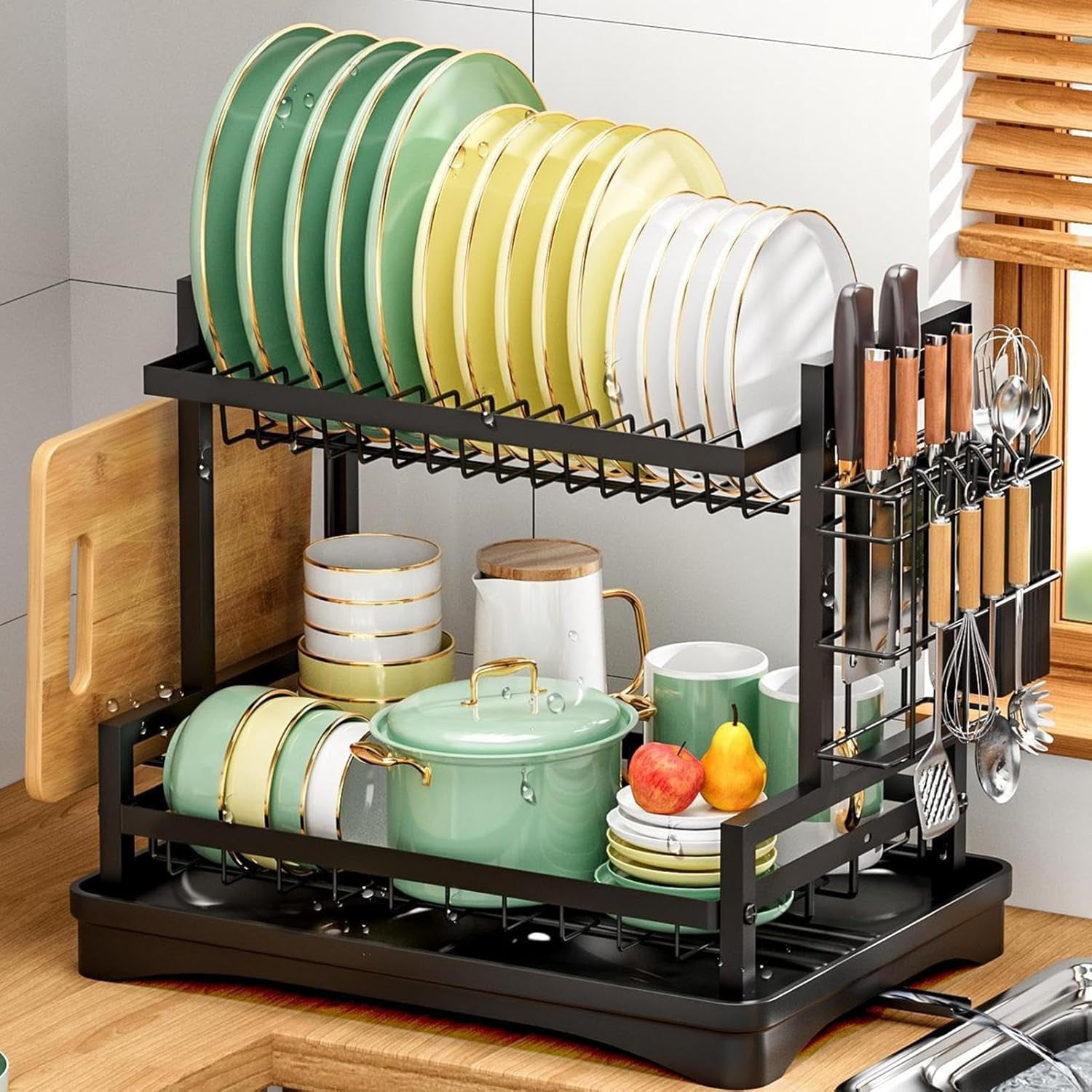 Dish Drying Rack, Dish Drainer Organizer, Dish Drainers Rack with Hooks ...
