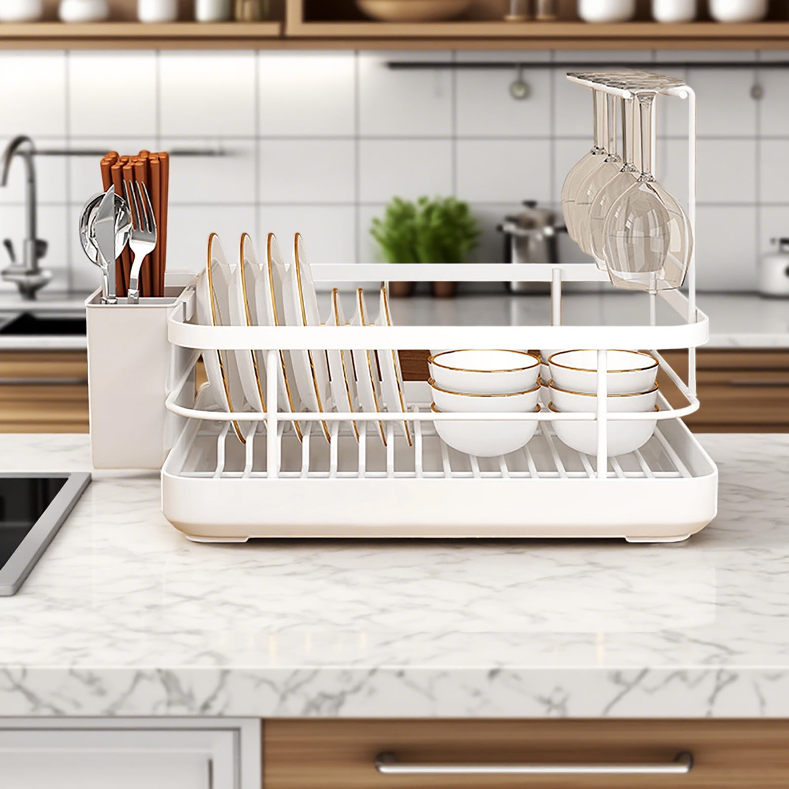 Dish Drying Rack With Drainboard & Utensil Holder Steel Kitchen ...