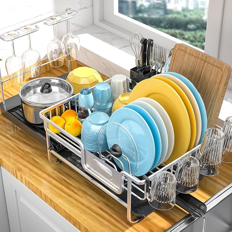 Dish Drying Rack, Expandable Stainless Steel Dish Rack with Drainboard Set Kitchen Sink ...