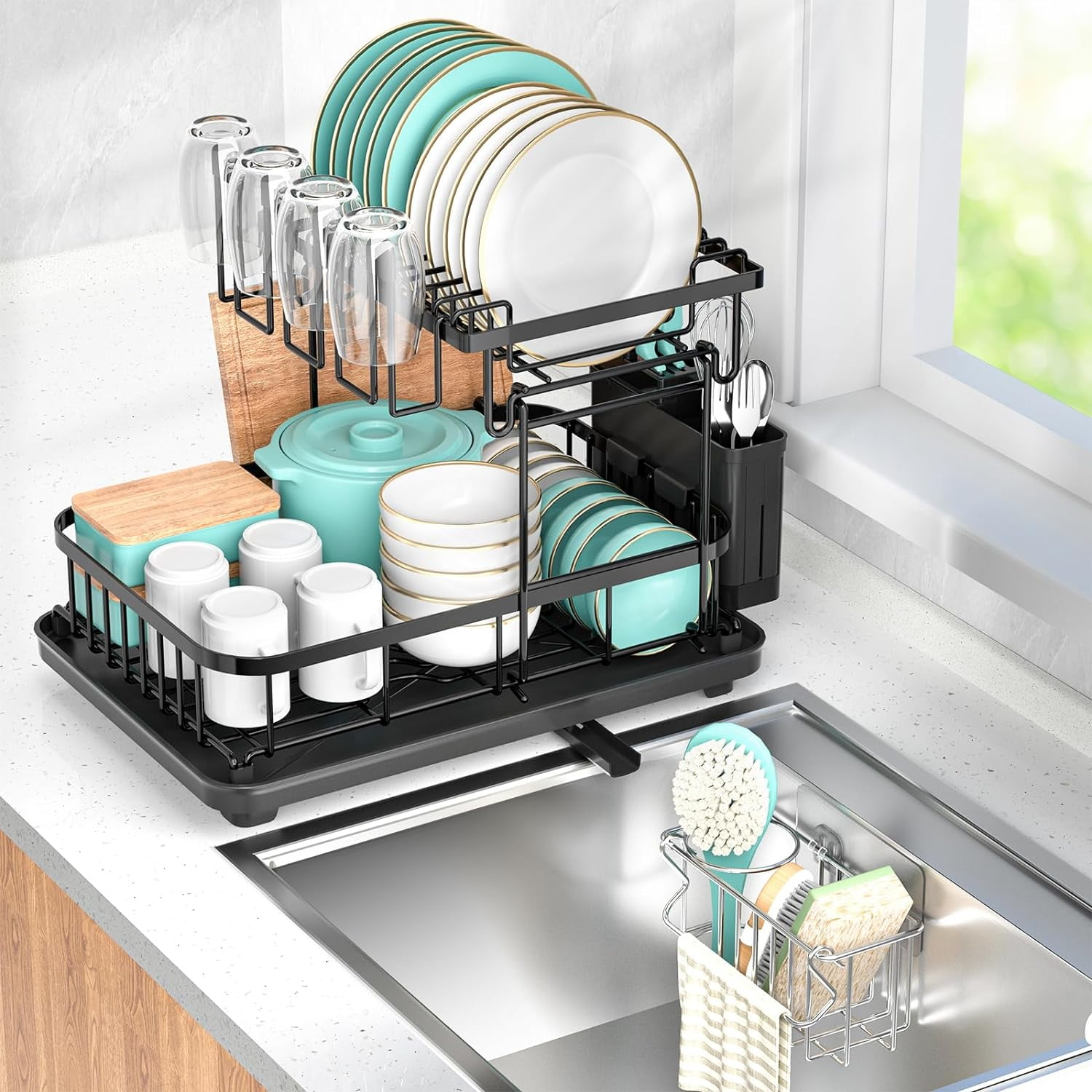 Dish Drying Rack with Extra Sponge Holder for Kitchen Counter Sink, 2 ...