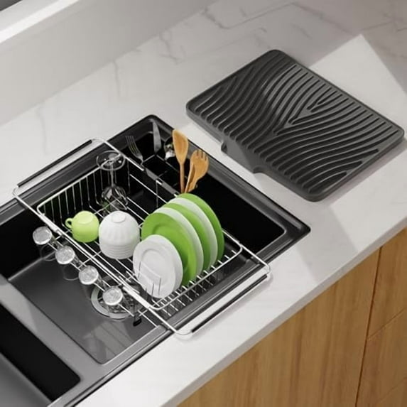 Dish Drying Rack in Sink With Non-Slip Silicone Mat Set, Expandable ...