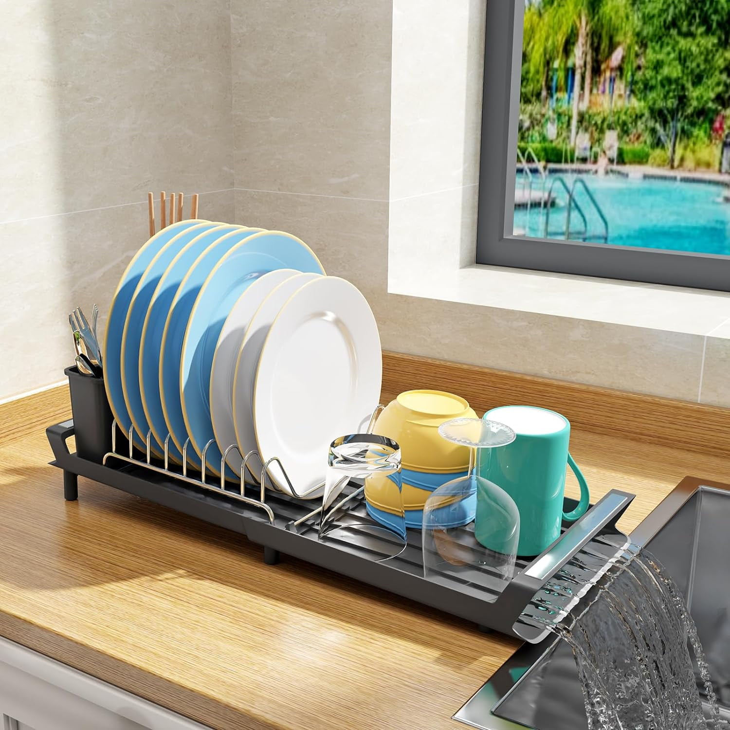 Dish Drying Rack,Space Saving Kitchen Organizer with Drainboard ...