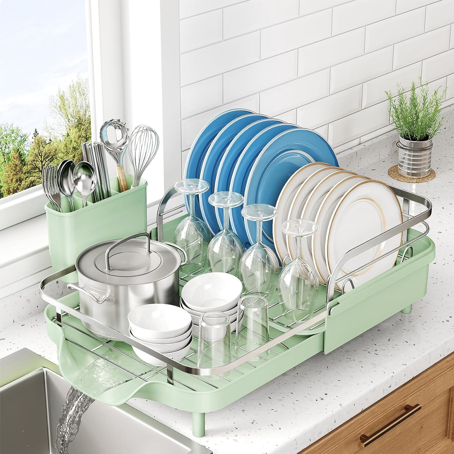 Dish Drying Rack, Stainless Steel Dish Drainer with Drainboard Set and ...