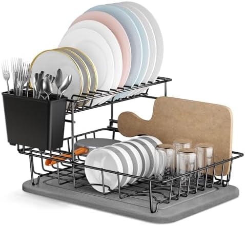 Dish Drying Rack with Stone Dish Drying Mat 2 Tier, Diatomaceous Earth ...