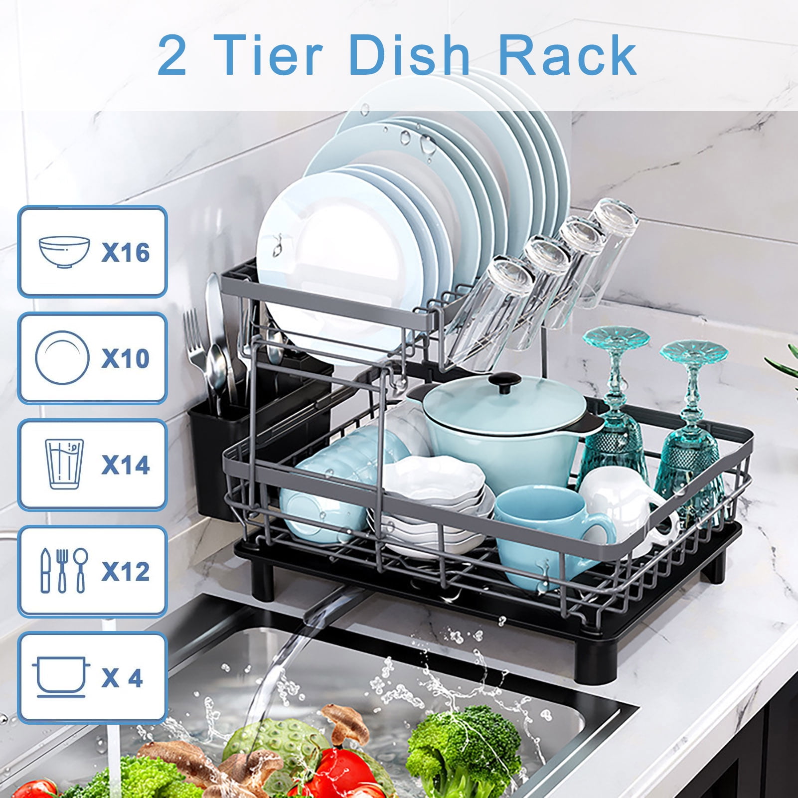 Dish Drying Rack Storage Holder with Drainboard Large Capacity Anti ...