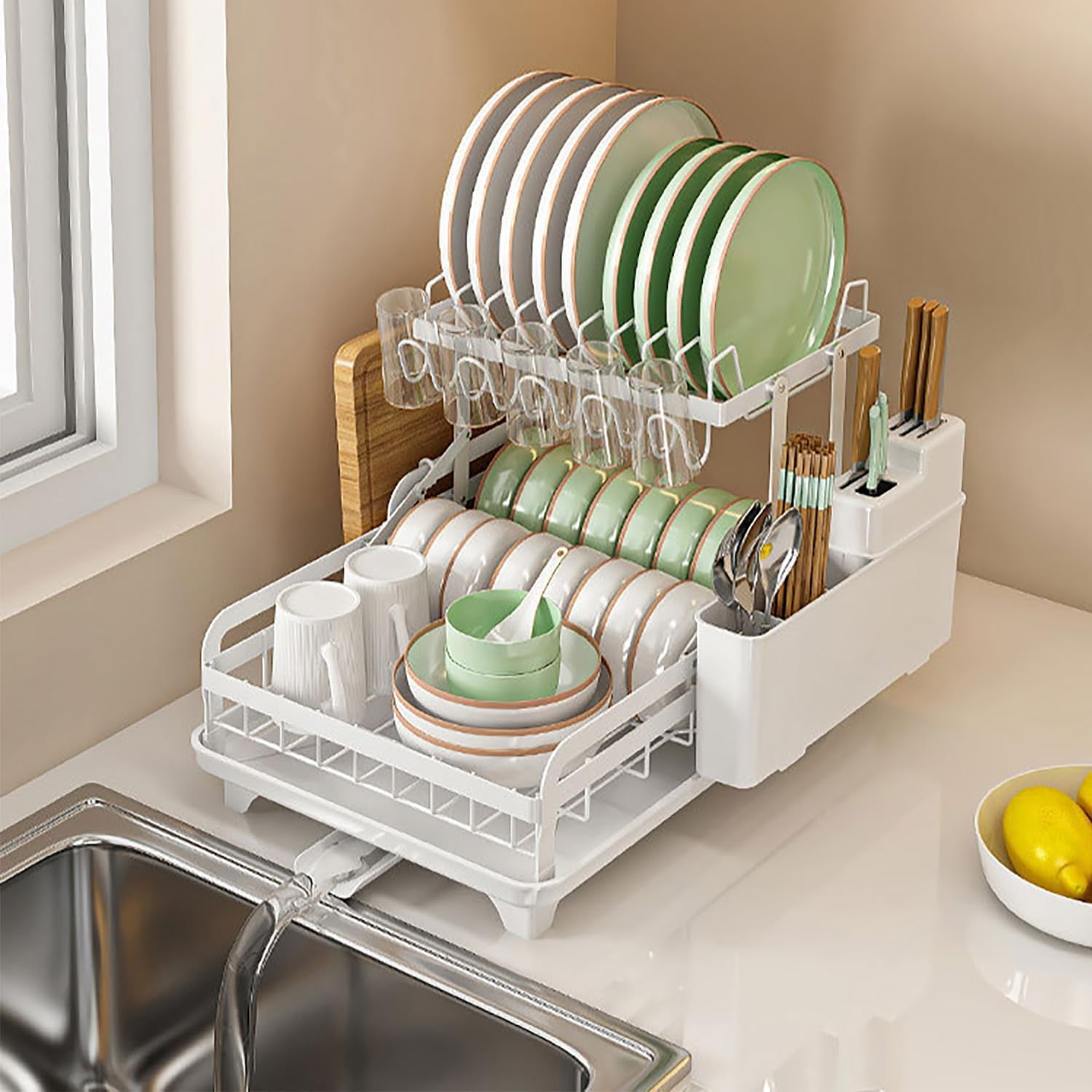 Dish Drying Rack, Two-Tier Dish Racks for Kitchen Counter with Cups ...