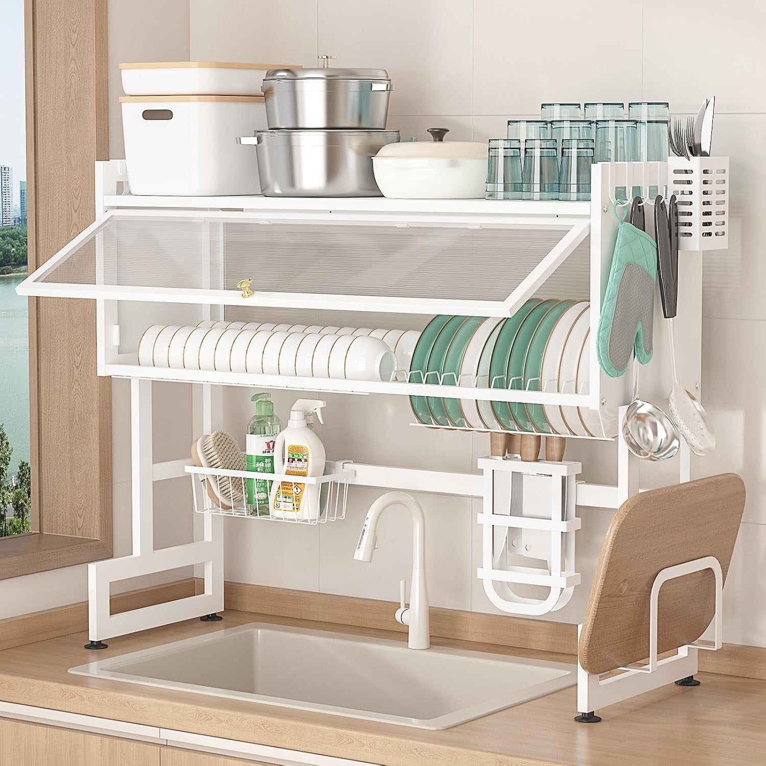 Dish Drying Rack, White Over The Sink Dish Drainer Drying Rack 2 Tier ...