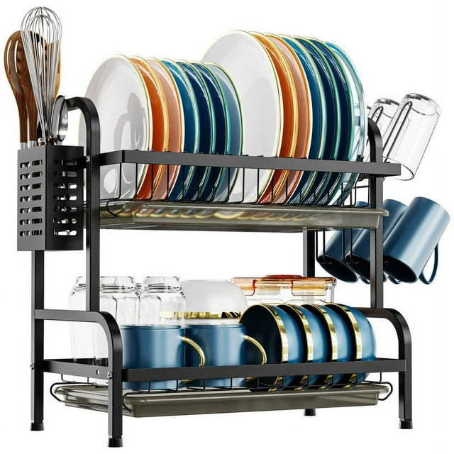 iSPECLE 2 Tier Dish Drying Rack with Tray, Plate Organizer Drainer, Cup ...