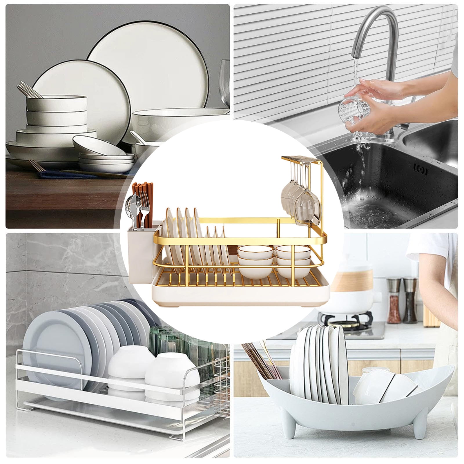 Dish Drying Rack with Integrated ABS Cutlery Drainer and Utensil Holder ...