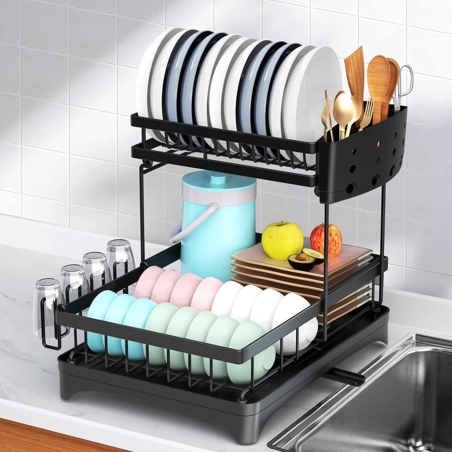 Dish Rack 2 Level Countertop Drying Rack with Drain Tray, Kitchen Dish ...