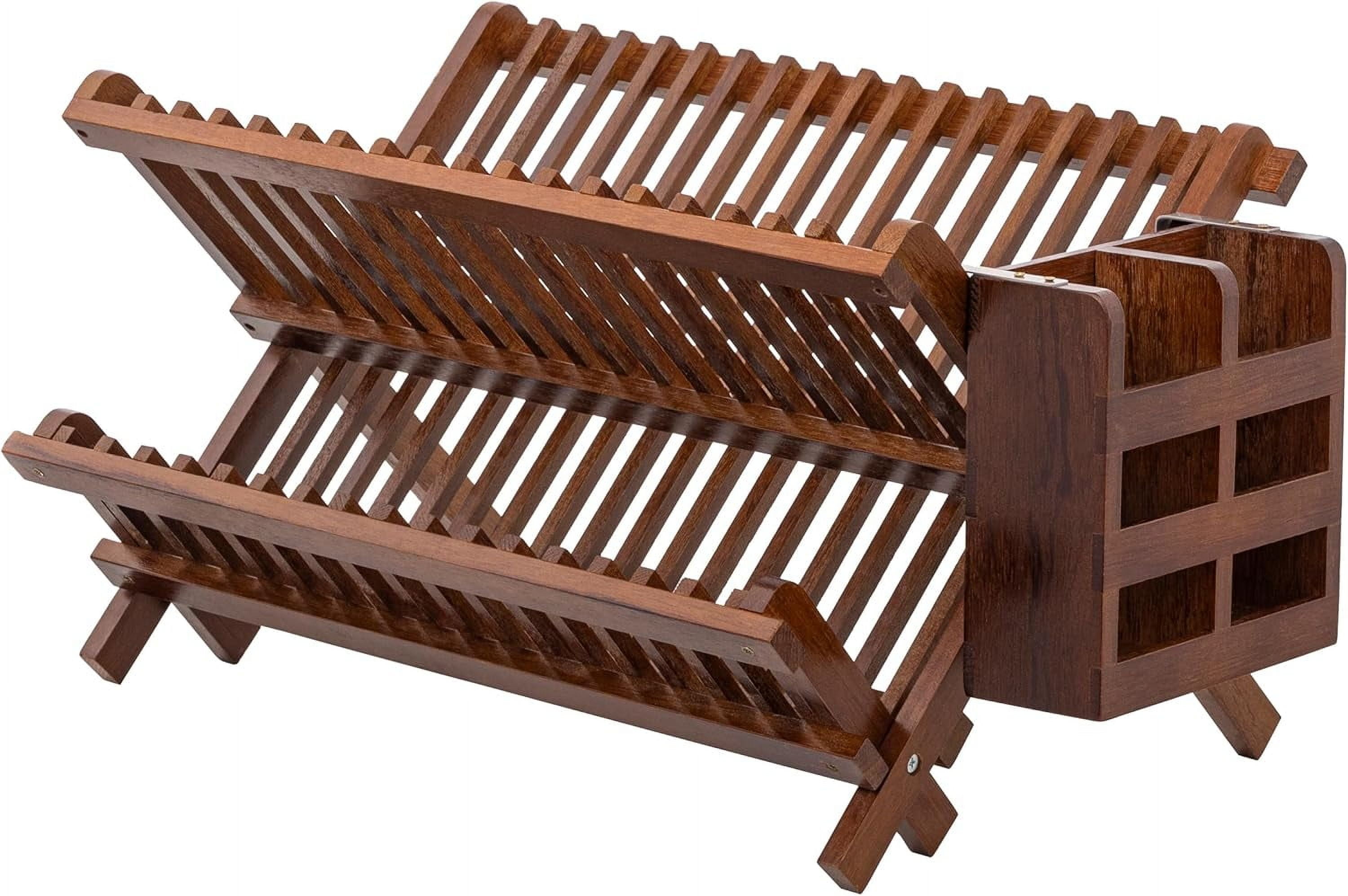 Dish Rack, Black Bamboo Folding 2-Tier Collapsible Drainer Dish Drying ...