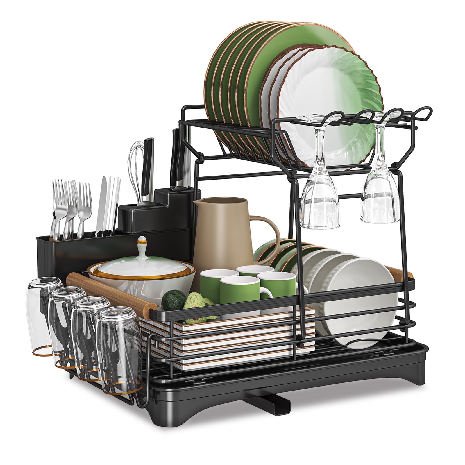 2-Tier Stainless Steel Dish Drying Rack with Drain Board & Rotating ...