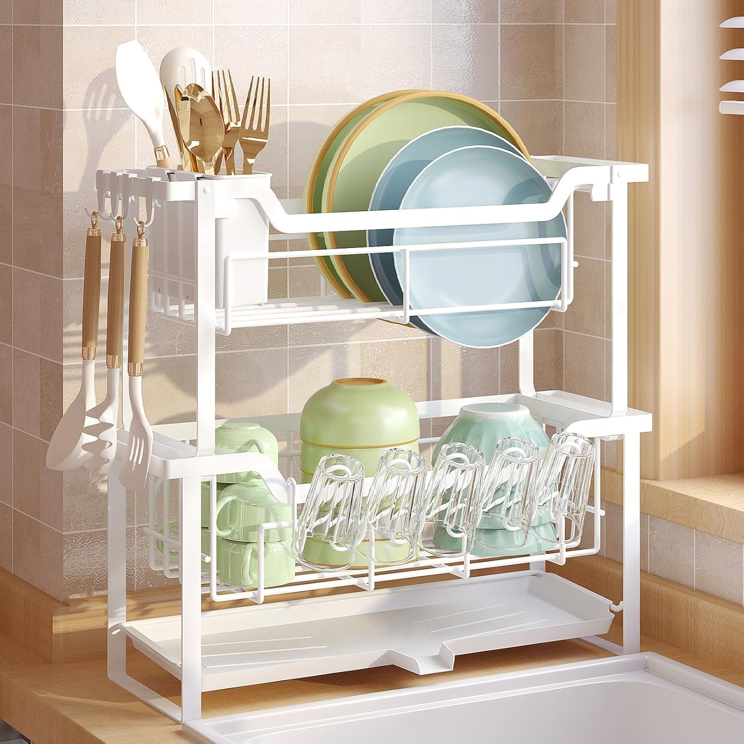 Dish Rack with Drainboard, Organizes Dishes and Bathroom Items for ...