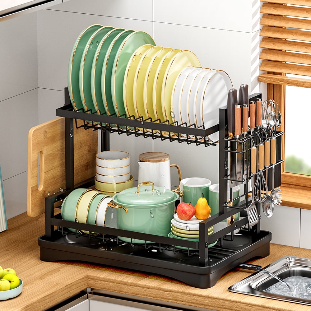 Dish Rack for Kitchen Counter, 2 Tier Dish Rack and Dish Drainer for ...