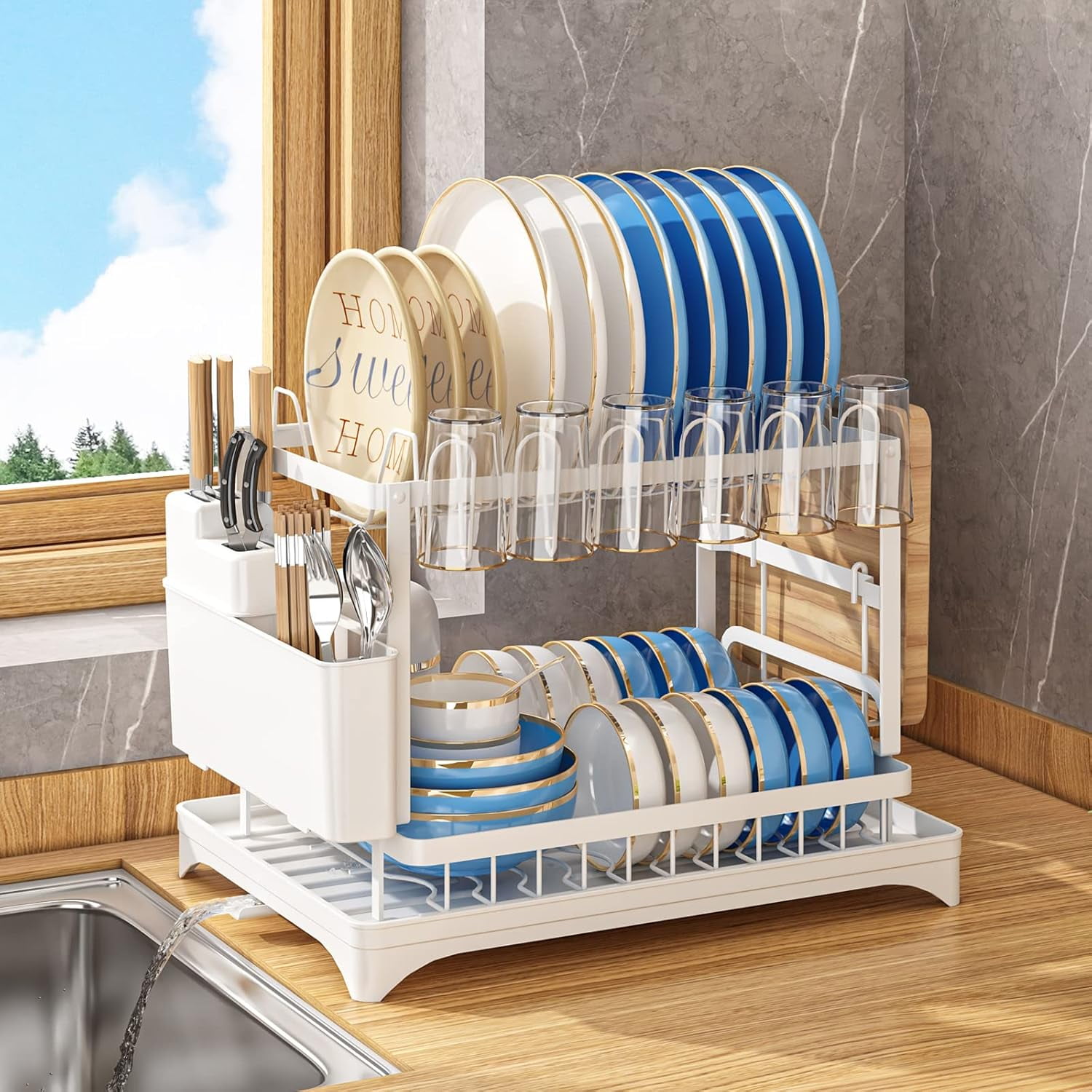 Dish Rack, Rustproof 2-Tier Dish Drying Rack with Drainboard, Space ...