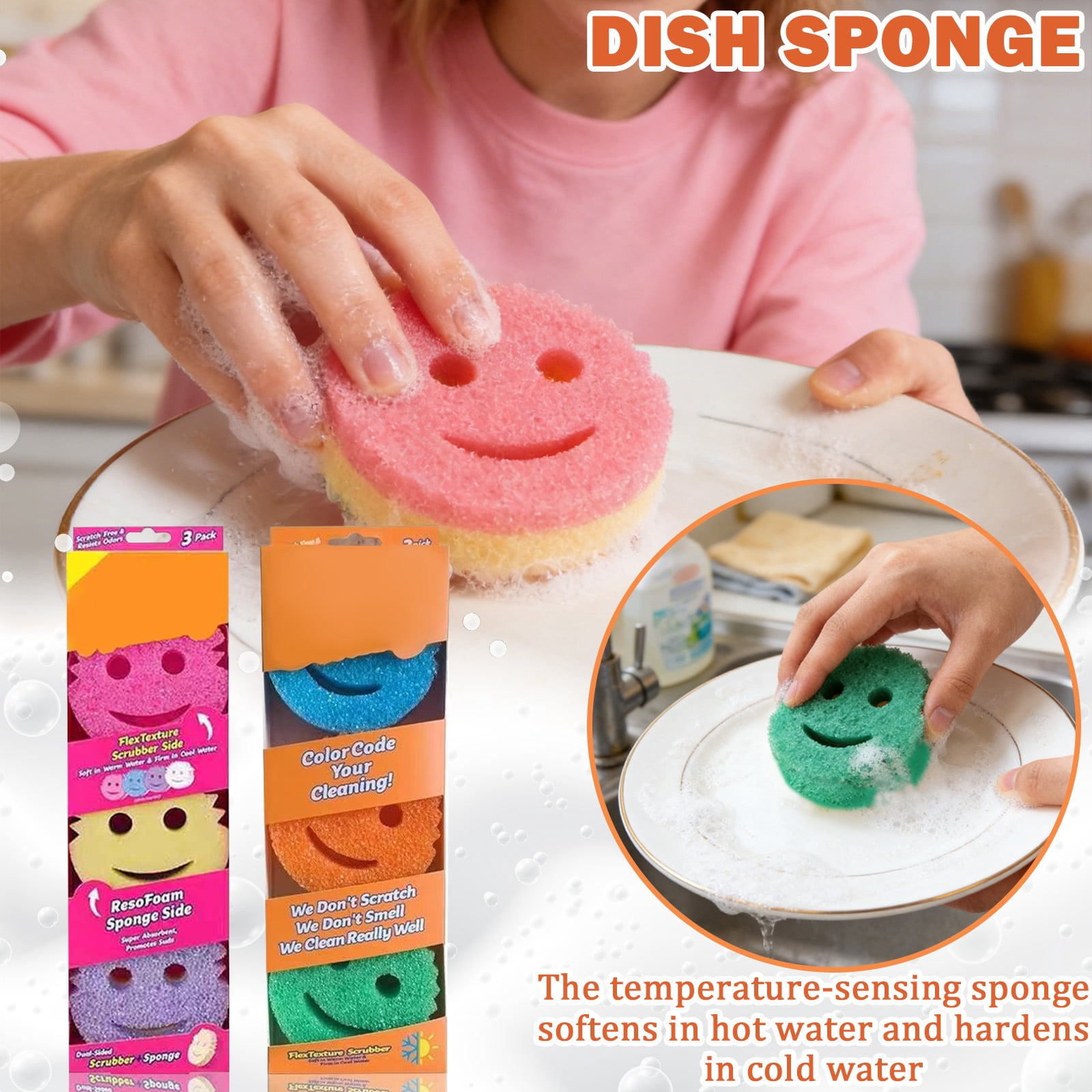 Dish Scrubber Non-Scratch Cleaning Sponges Kitchen Bathroom Multi ...