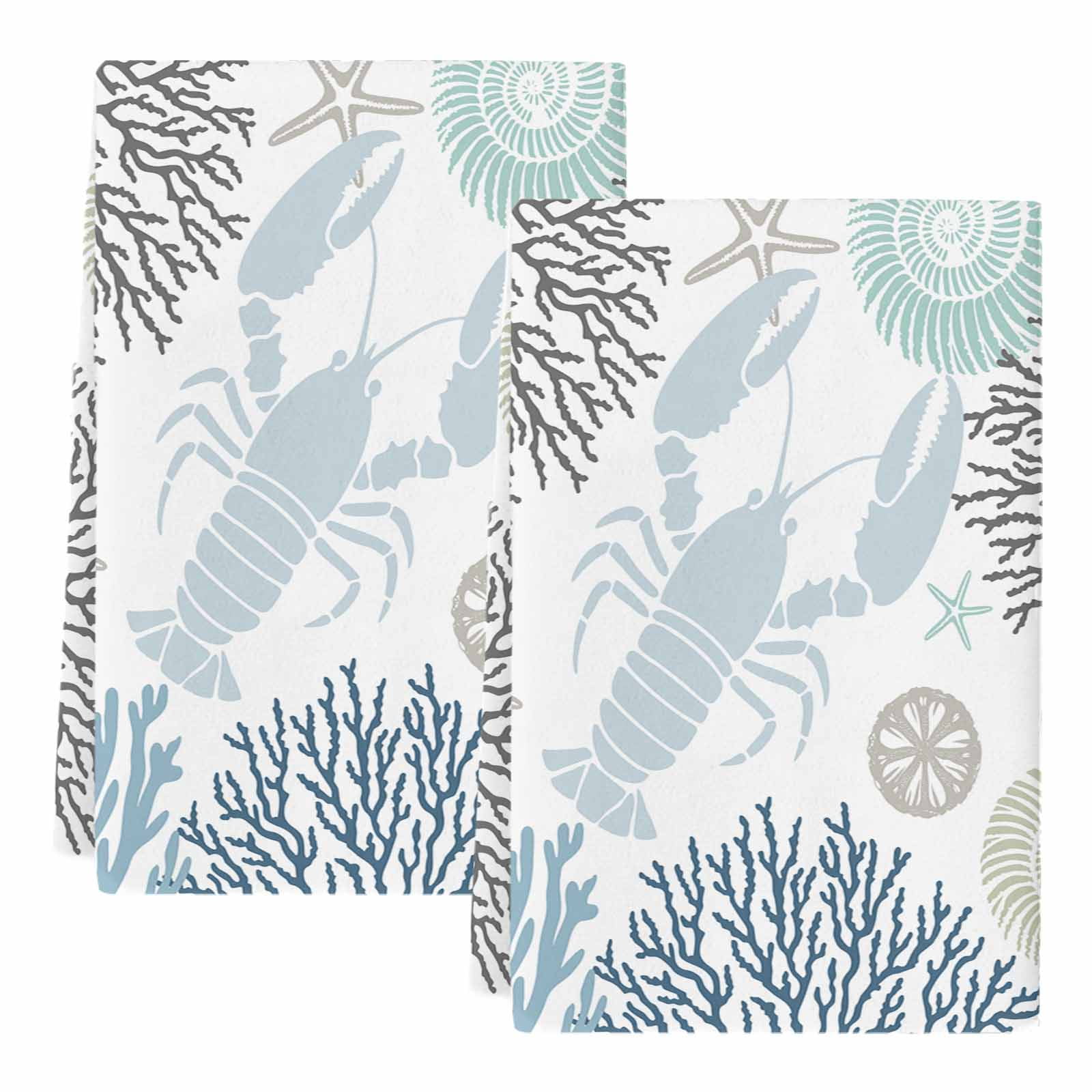 Dish Towels, Blue Lobster Absorbent Kitchen Towels 2 PCS, Teal Coral ...