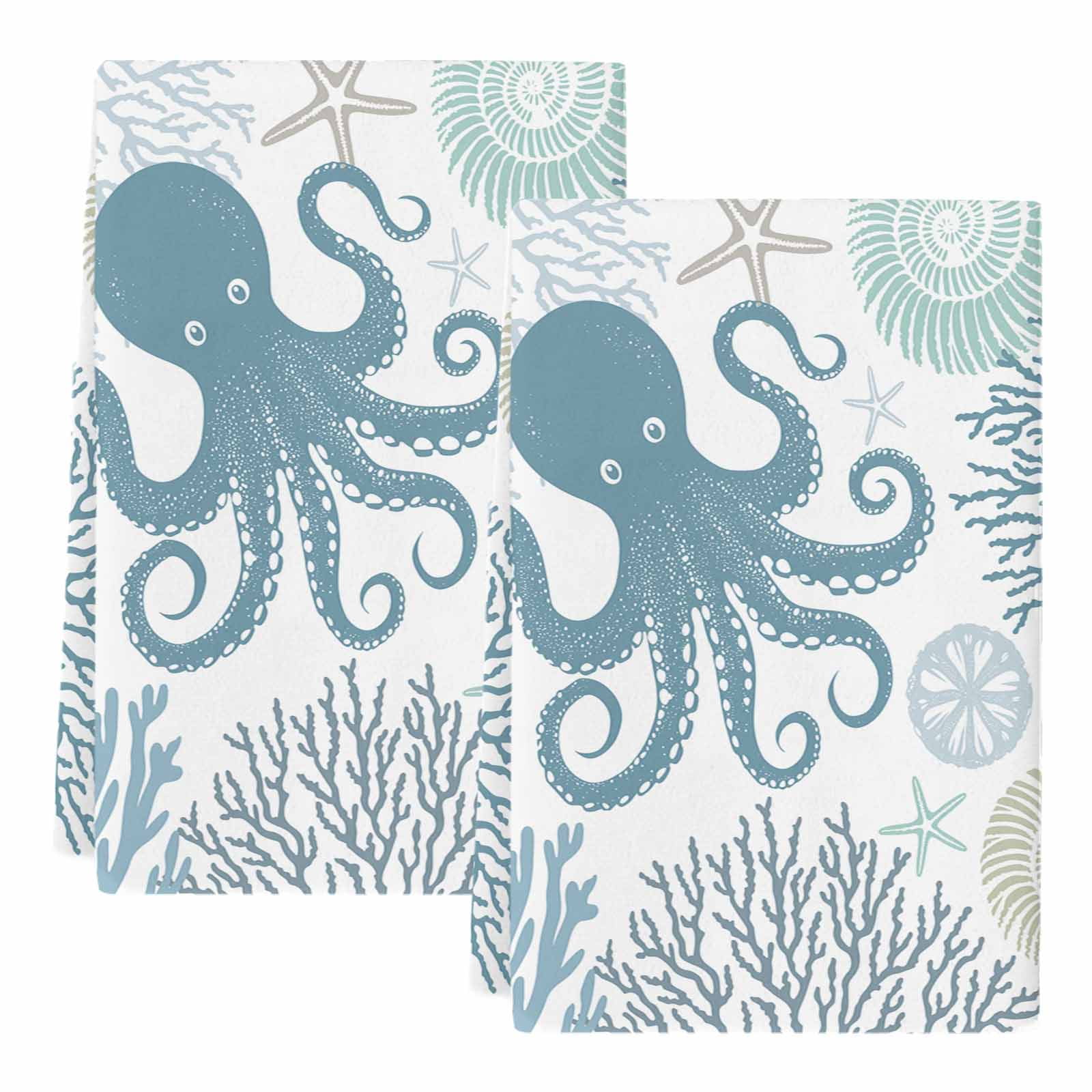 Dish Towels, Blue Octopus Absorbent Kitchen Towels 2 PCS, Ocean Coral ...