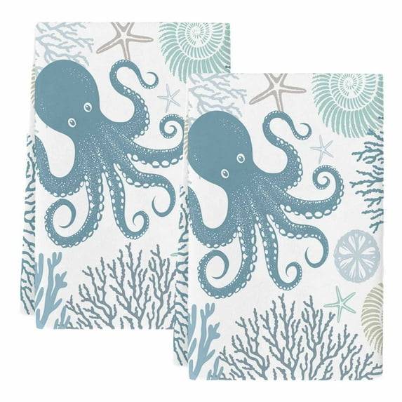 Dish Towels, Blue Octopus Absorbent Kitchen Towels 2 PCS, Ocean Coral ...