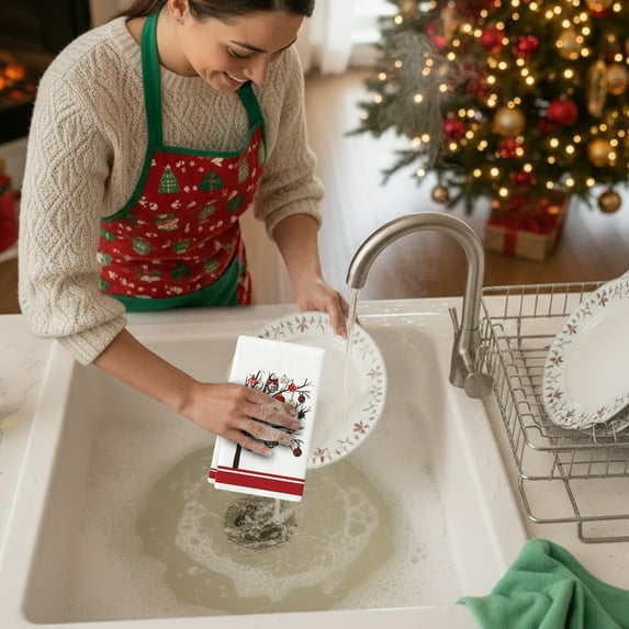 Dish Towels Christmas Ornament Print Design, Red Stripe Border Kitchen ...