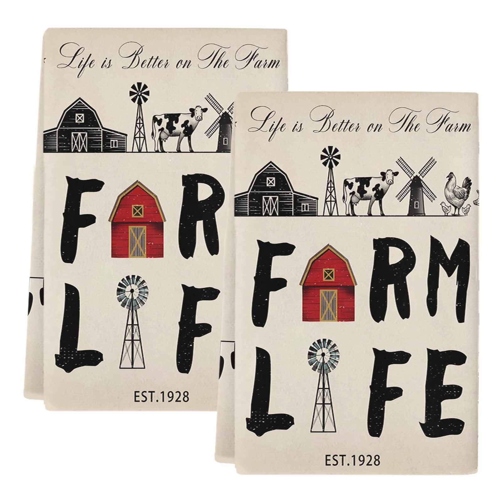 Dish Towels, Farm Life Absorbent Kitchen Towels 2 PCS, Retro Farmhouse ...