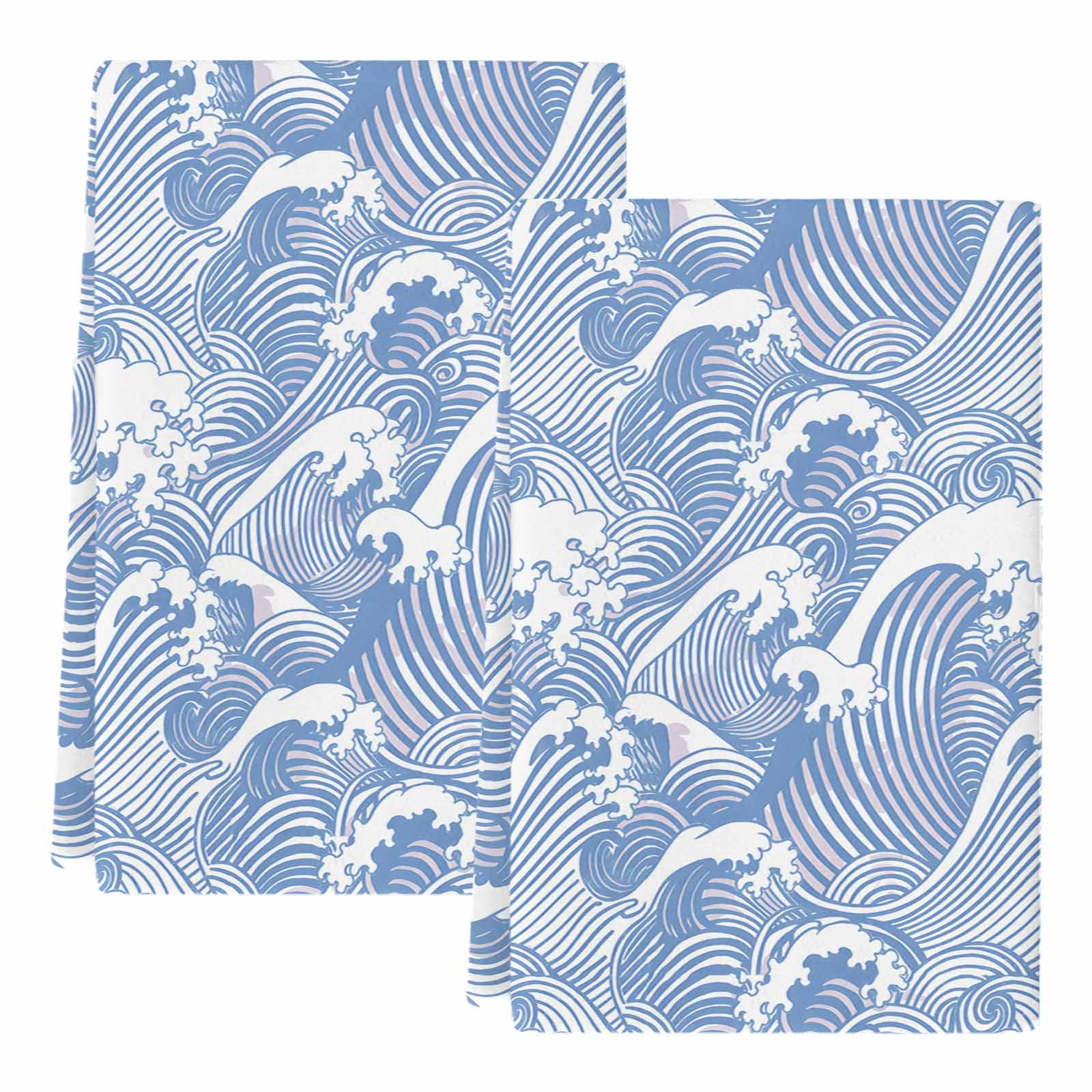 Dish Towels, Navy Blue Waves Absorbent Kitchen Towels 2 PCS, Ocean ...