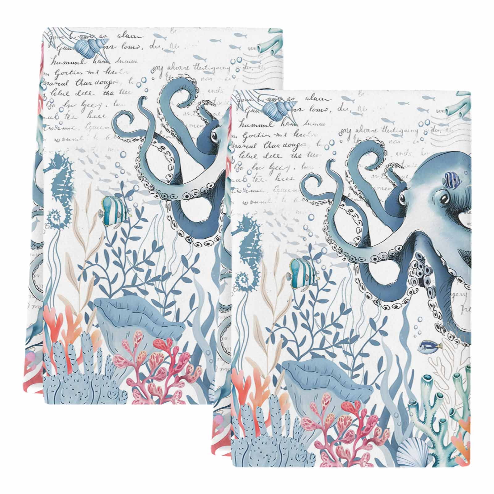 Dish Towels, Ocean Octopus Absorbent Kitchen Towels 2 PCS, Coral Shell ...