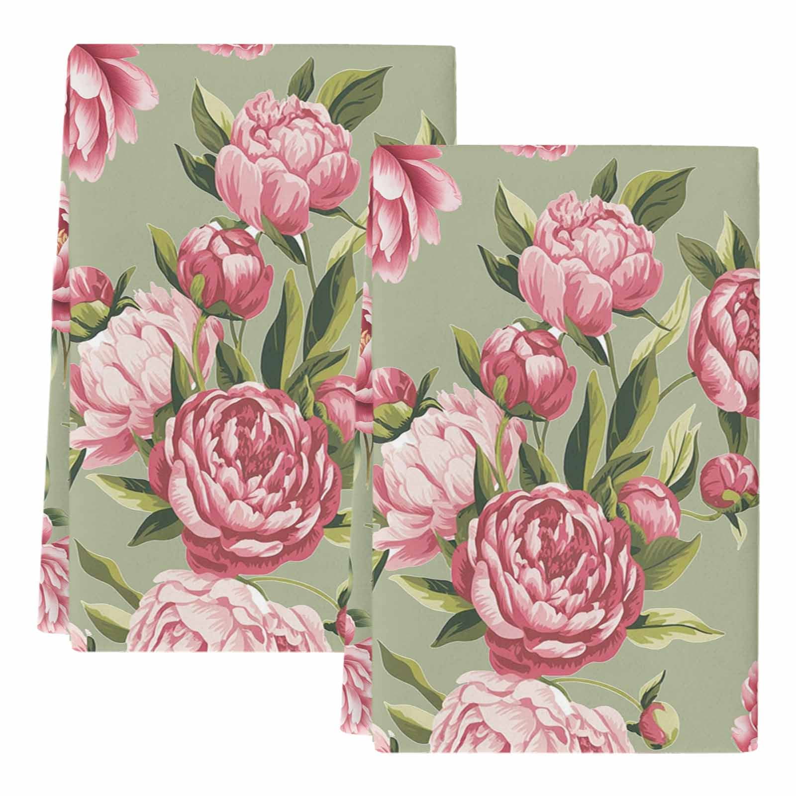 Dish Towels, Pink Rose Floral Absorbent Kitchen Towels 2 PCS, Sage ...