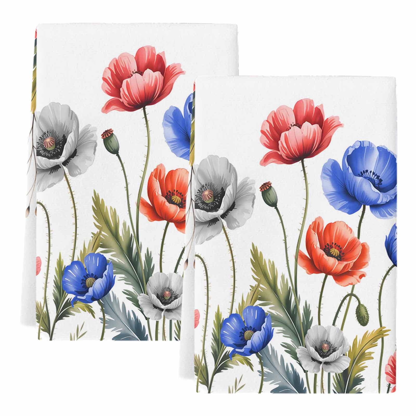 Dish Towels, Red Blue Poppy FLoral Absorbent Kitchen Towels 2 PCS ...