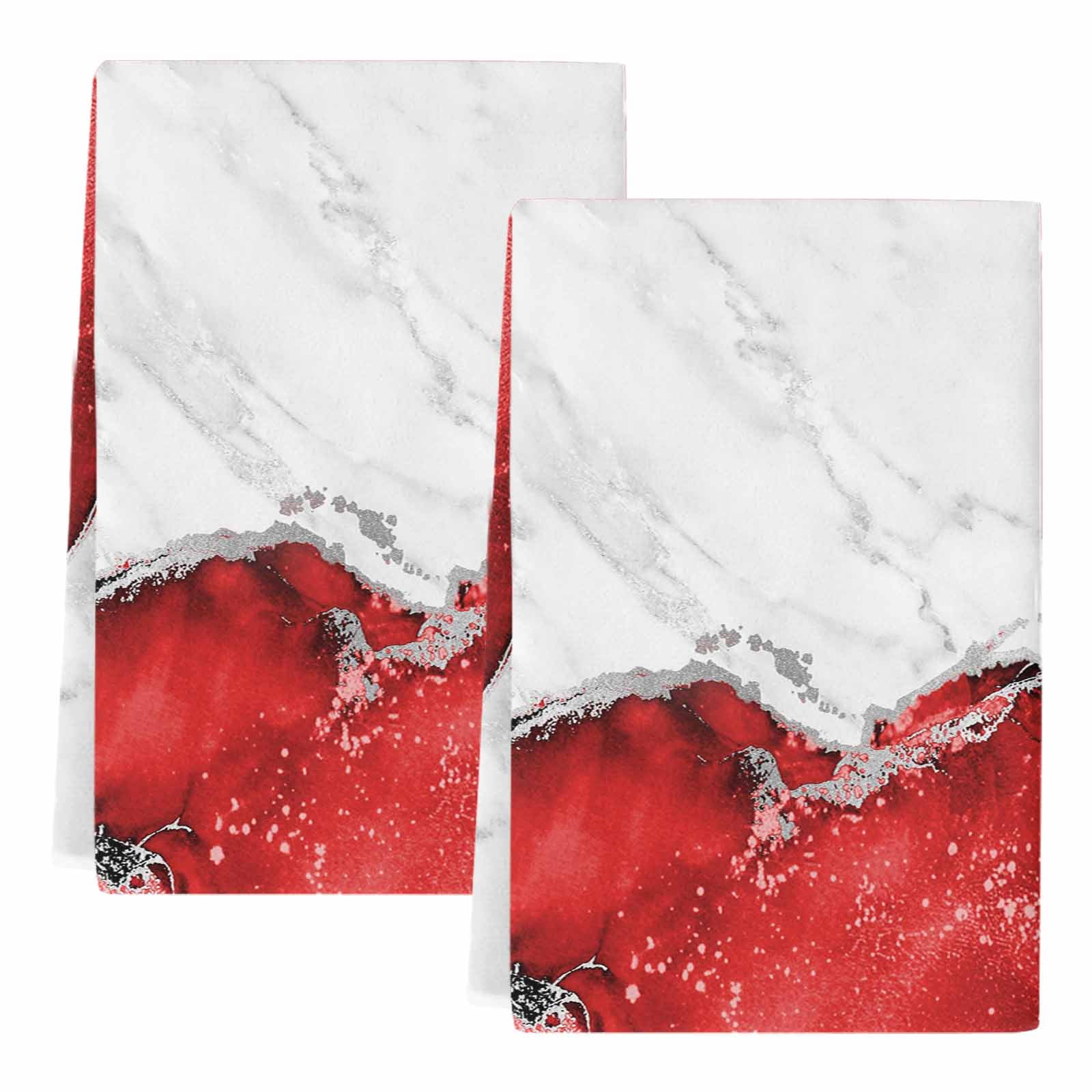 Dish Towels, Red Marble Absorbent Kitchen Towels 2 PCS, White Modern ...