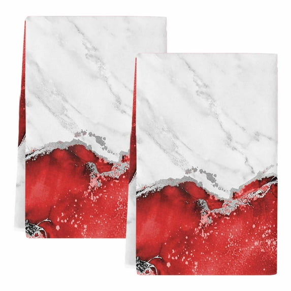 Dish Towels, Red Marble Absorbent Kitchen Towels 2 PCS, White Modern ...