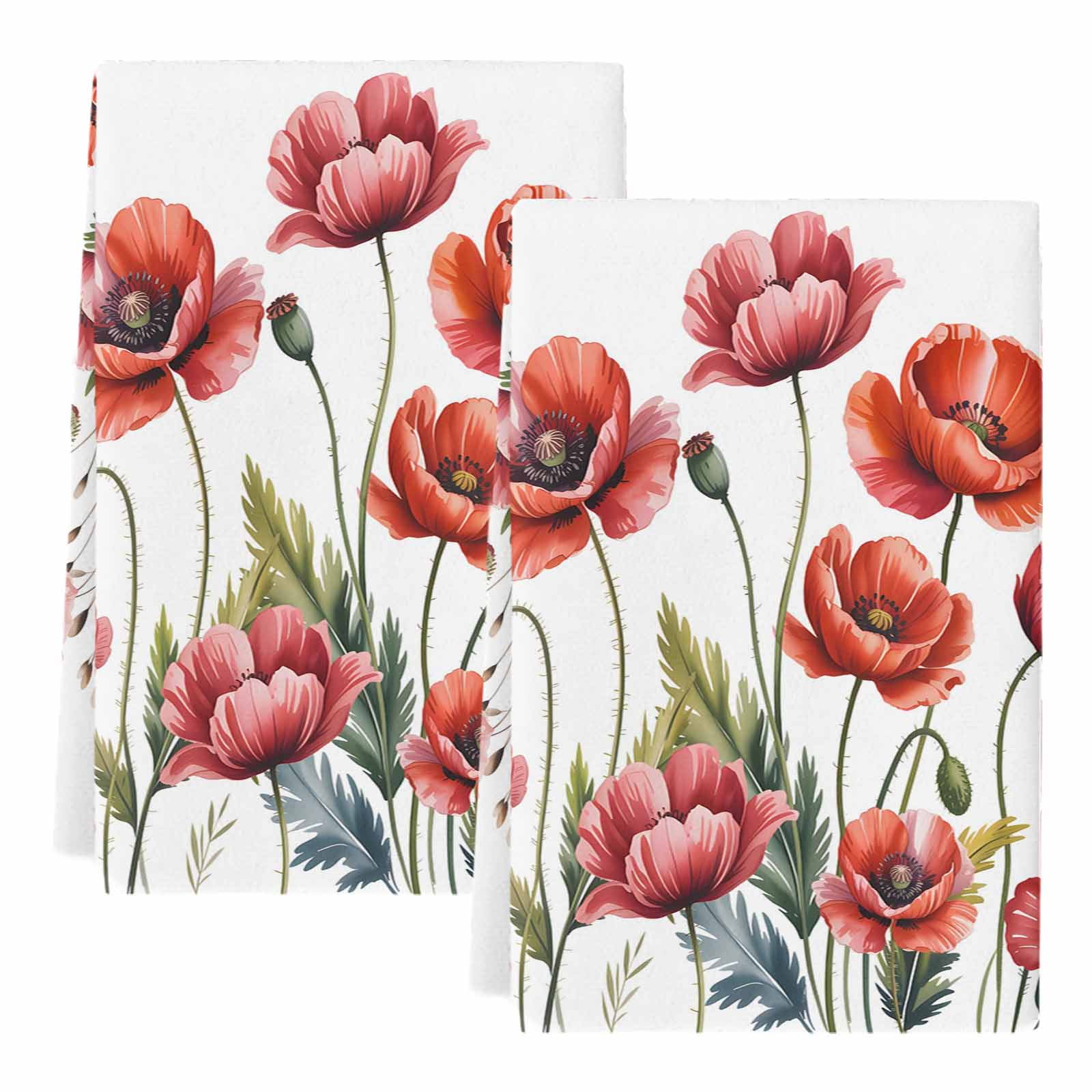 Dish Towels, Red Poppy FLoral Absorbent Kitchen Towels 2 PCS, Nature ...