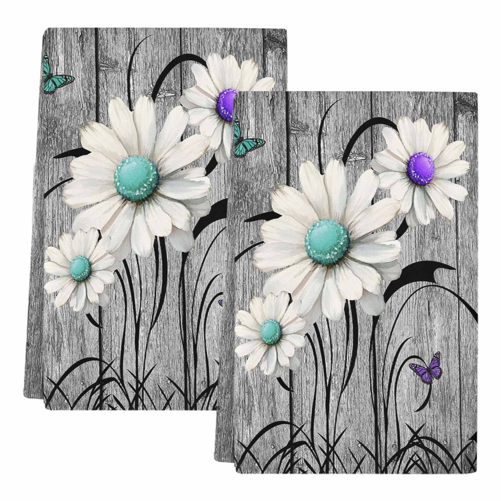 Dish Towels, Rustic Daisy Absorbent Kitchen Towels 2 PCS, Teal ...