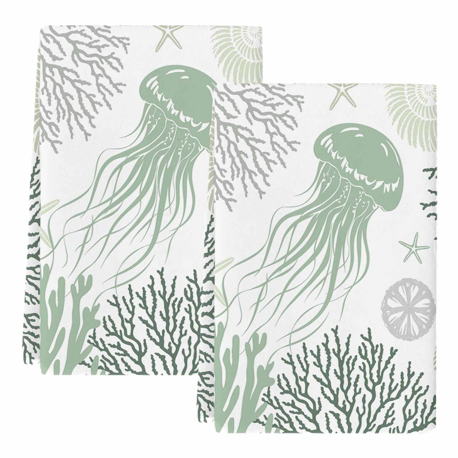 Dish Towels, Sage Green Jellyfish Absorbent Kitchen Towels 2 PCS, Coral ...