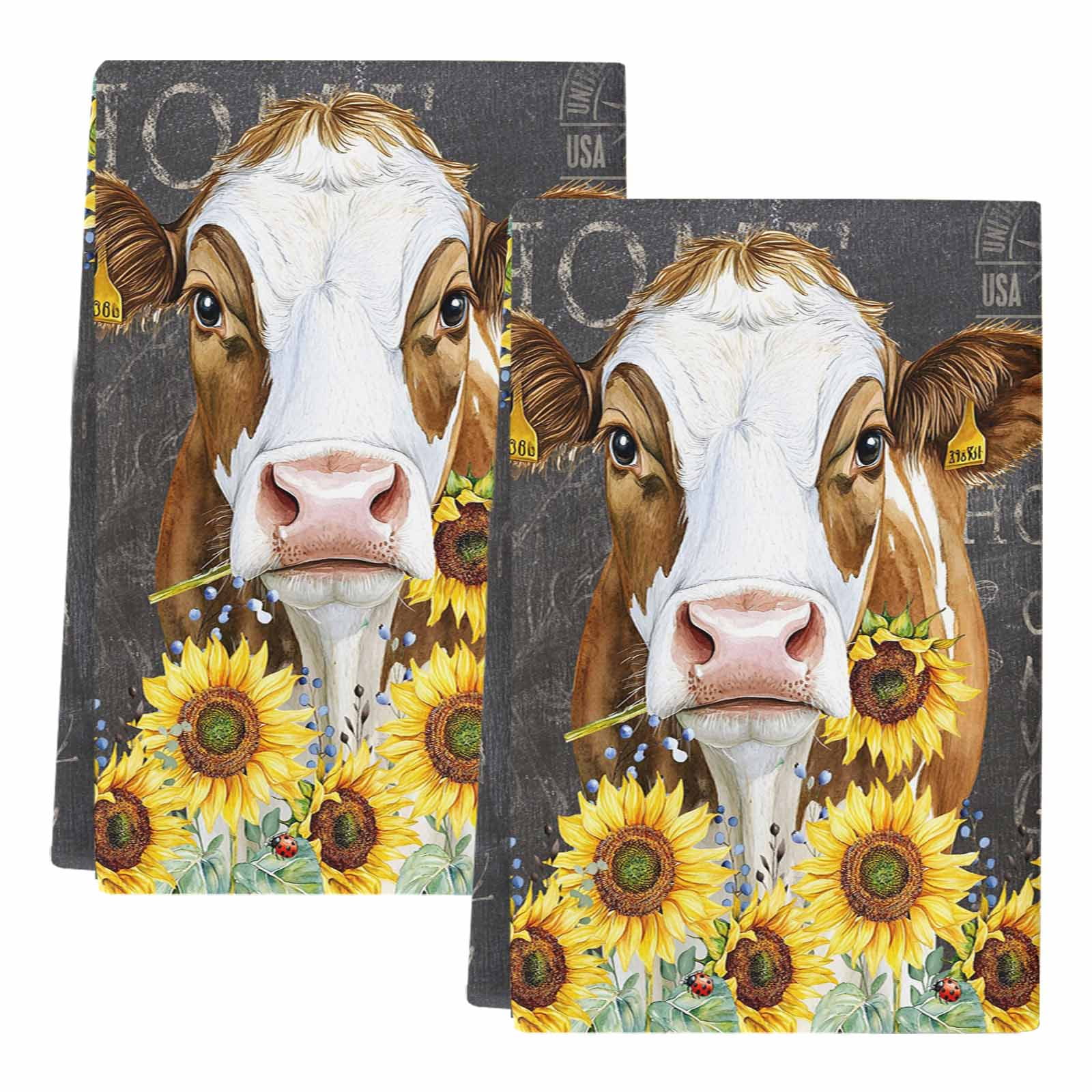 Dish Towels, Sunflower Cow Absorbent Kitchen Towels 2 PCS, Black Text ...