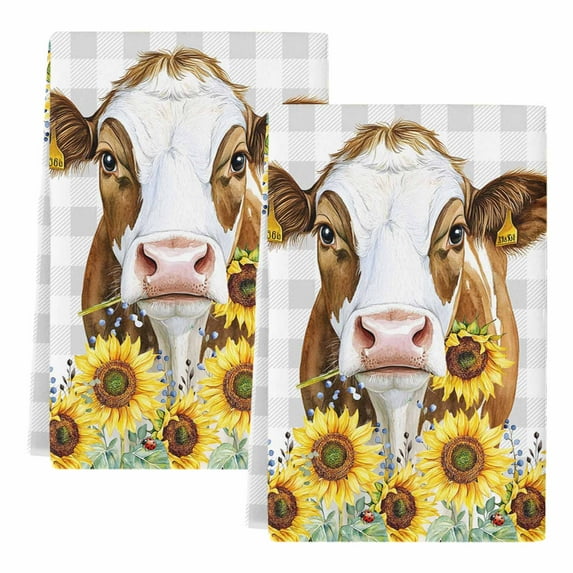 Dish Towels, Sunflower Cow Absorbent Kitchen Towels 2 PCS, Grey Buffalo ...
