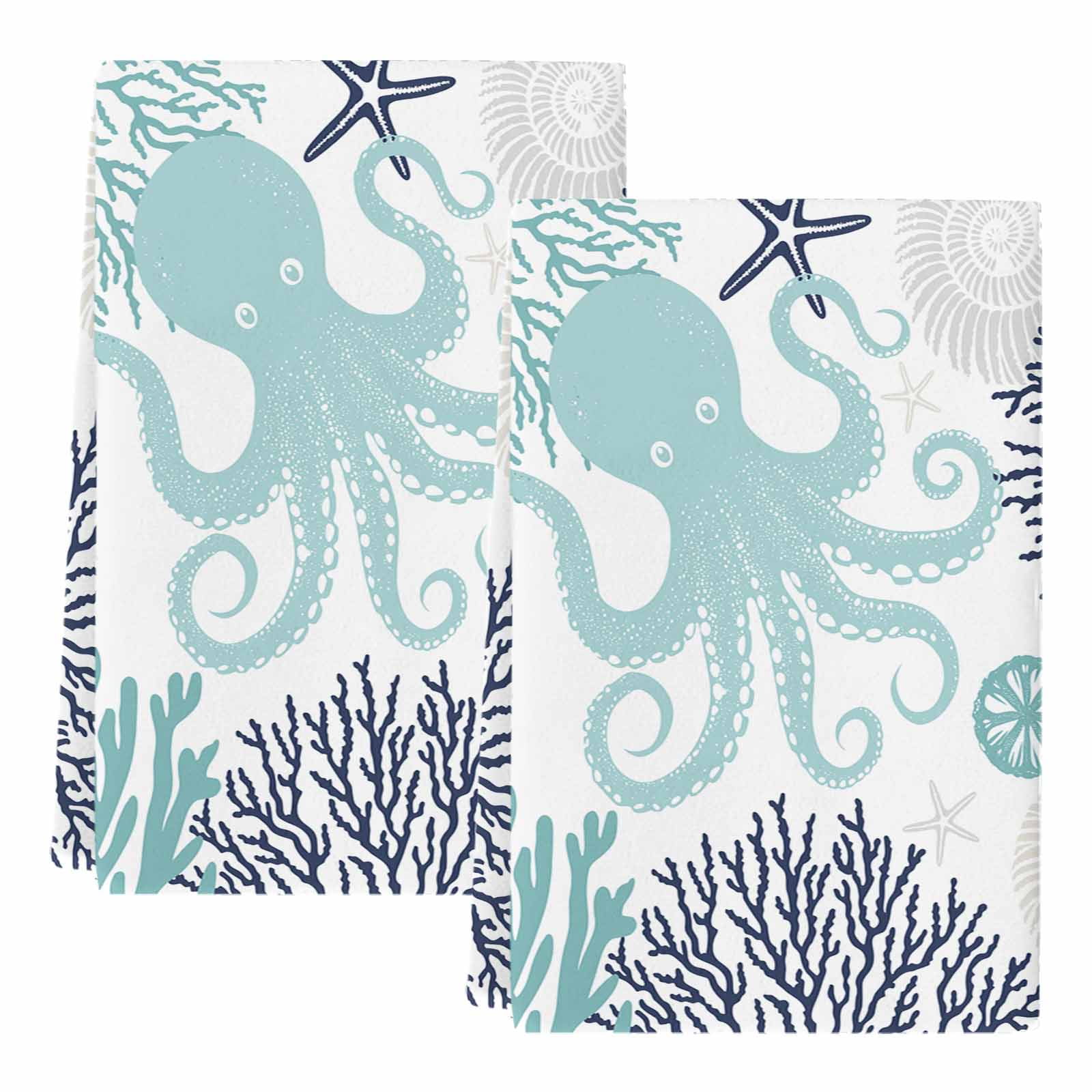 Dish Towels, Teal Blue Octopus Absorbent Kitchen Towels 2 PCS, Coral ...