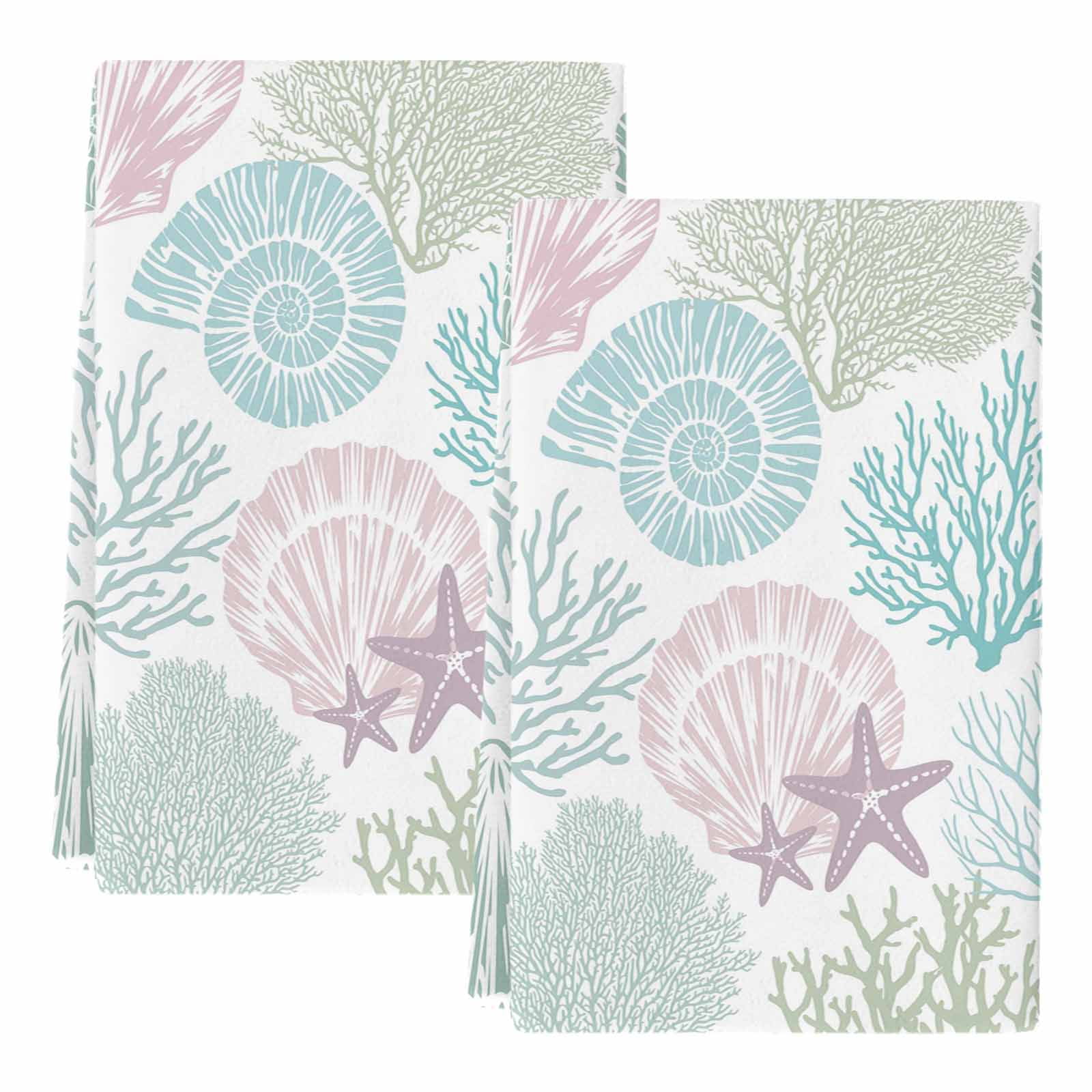 Dish Towels, Teal Green Starfish Shell Absorbent Kitchen Towels 2 PCS ...